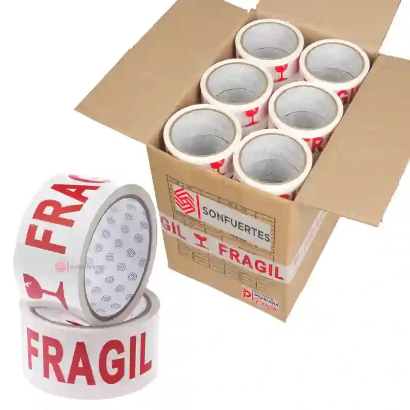 Cinta Embalaje Frágil 48x50mm Caja 36 Rollos Etiqueta Roja